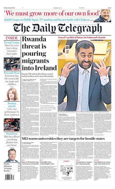 Daily Telegraph Front Page 26th Of April 2024 Tomorrows Papers Today