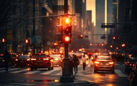 premium ai image view of a red traffic light at a busy intersection ai