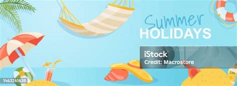 여름 방학 가로 웹 배너입니다 바다 해변 해먹 야자수 우산 공 칵테일 모자 열대 섬 휴가 헤더 웹 사이트에 대 한 벡터 그림 현대 디자인의 표지 템플릿 0명에 대한 스톡