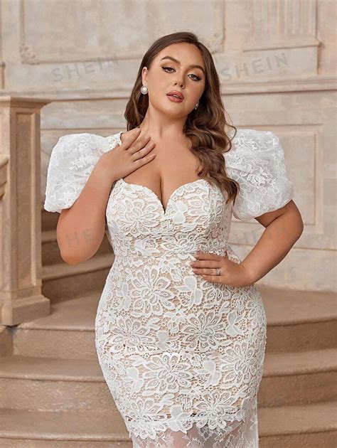 Shein Belle Plus Size Women Exquisite Quiet Luxury Lace Puff Sleeves