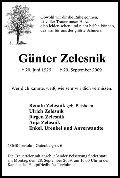 Traueranzeigen Von Günter Zelesnik Trauer In Nrw De