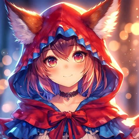 An Animestyle Girl With Fox Ears Wearing A Red And Blue Hood Premium