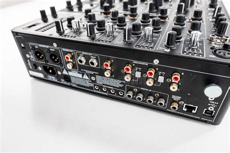 Close Up View Of Professional Audio Mixer Back Panel Connections With Inputs And Outputs Stock