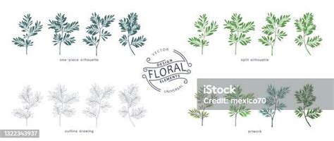 꽃 무늬 디자인 요소세트 다양한 그래픽 스타일로 가지와 잎의 식물 컬렉션 벡터 템플릿 개체 그룹에 대한 스톡 벡터 아트 및 기타 이미지 개체 그룹 곡선 관목 Istock