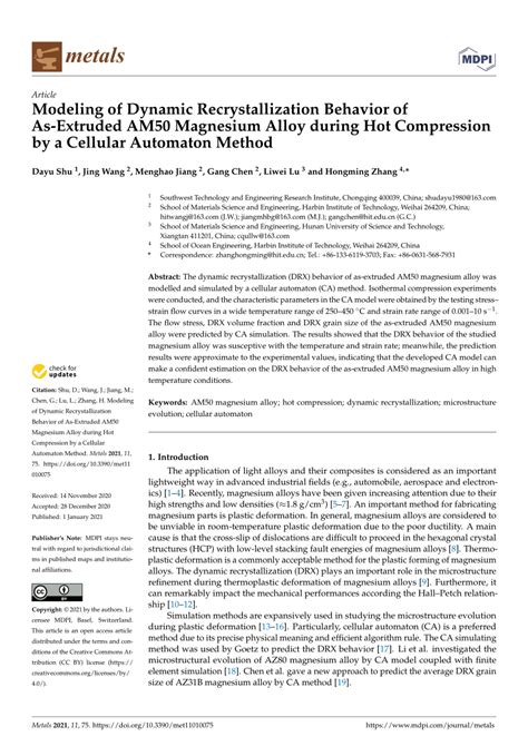 Pdf Modeling Of Dynamic Recrystallization Behavior Of As Extruded Am50 Magnesium Alloy During