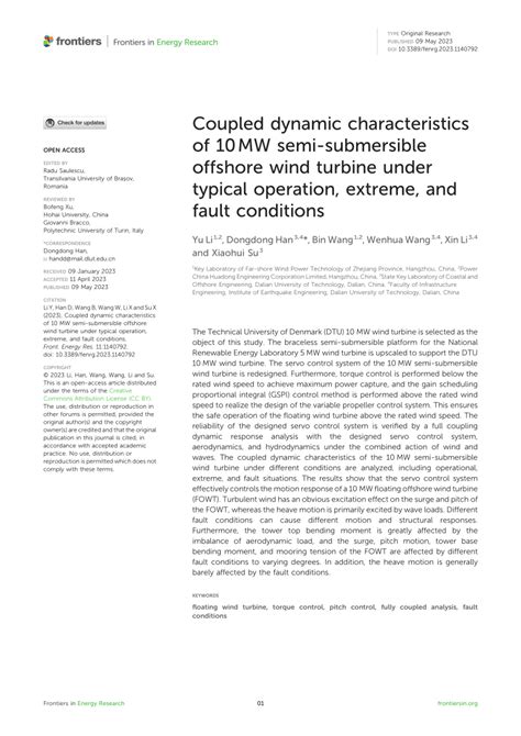 Pdf Coupled Dynamic Characteristics Of 10 Mw Semi Submersible Offshore Wind Turbine Under