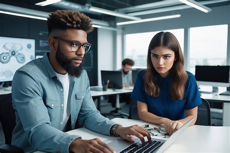 Premium Photo Portrait Of Two Creative Young Female And Male Engineers Using Laptop Computer