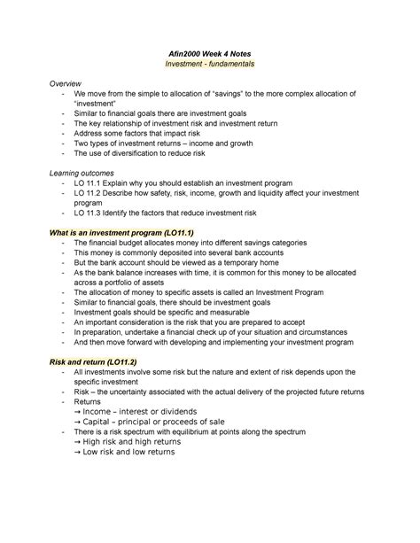 Afin Wk 4 Notes Week 4 Lecture Summary Afin2000 Week 4 Notes Investment Fundamentals