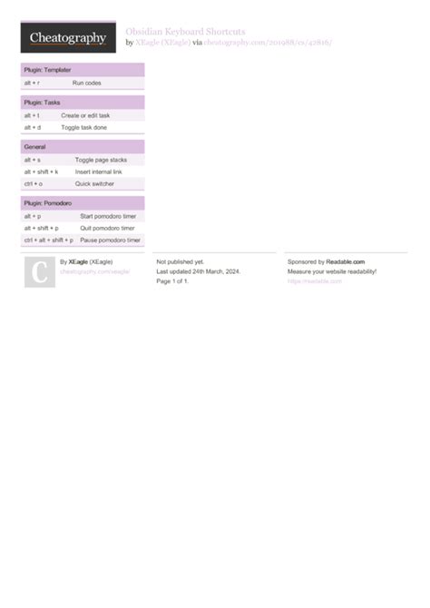 Obsidian Keyboard Shortcuts By Xeagle Download Free From Cheatography