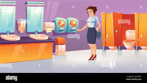 Woman In Public Toilet With Tampon And Pads Vending Machines Vector