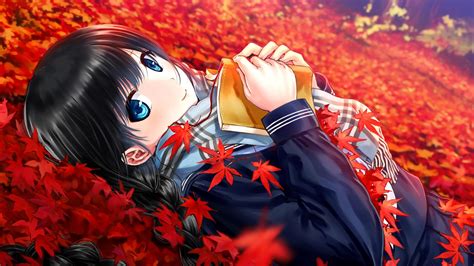 Аниме девочка лежит на кленовых красных листьях · 1920x1080 Full Hd бесплатная фотография от