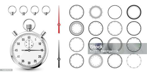 시계 문자판이 있는 클래식 스톱워치 반짝이는 메탈 크로노미터 다이얼이 있는 시간 카운터 분과 초를 표시하는 카운트다운 타이머 스포츠 시작 및 종료 시간 측정 벡터 그림