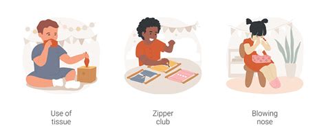 몬테소리 방법에서 자기 관리 개발 고립 된 만화 벡터 일러스트 레이 션 세트 몬테소리 교육에 대한 스톡 벡터 아트 및 기타