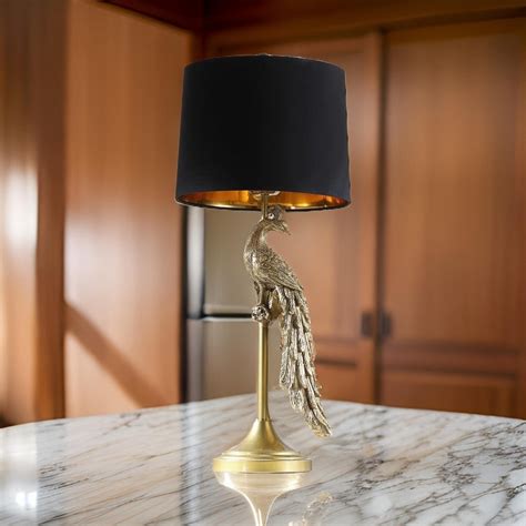 29 Inch Peacock Table Lamp Gold Polyresin Sculpture Black Drum Shade