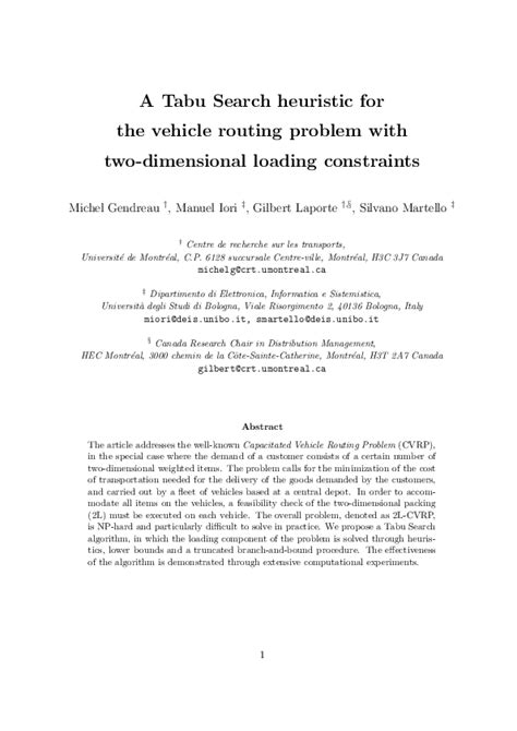 Pdf A Tabu Search Heuristic For The Vehicle Routing Problem With Backhauls And Time Windows