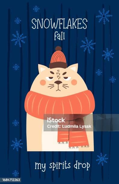 재밌는 멋진 엽서 니트 스카프와 모자를 쓴 슬픈 겨울 고양이 캐릭터 벡터 세로 그림입니다 새해와 크리스마스 디자인 크리스마스