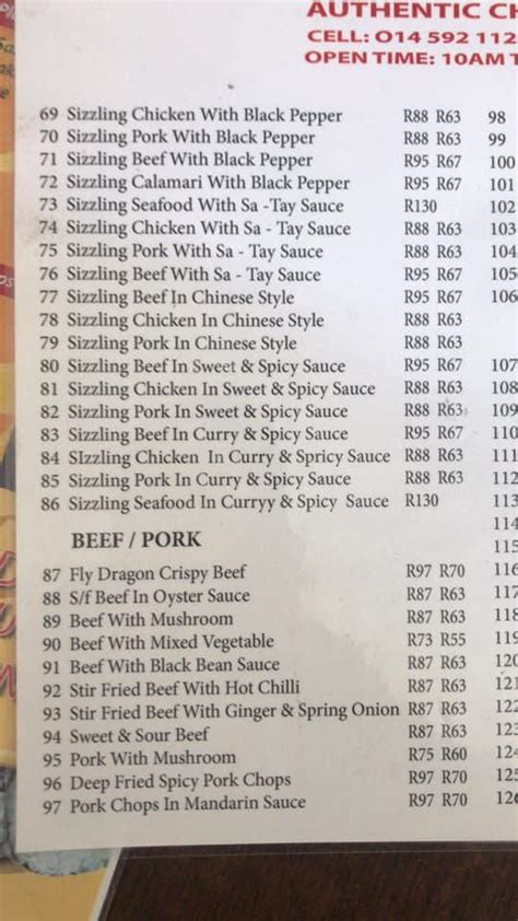 Menu At Fly Dragon Restaurant Rustenburg