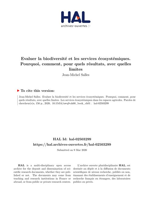 Pdf Evaluer La Biodiversité Et Les Services écosystémiques Pourquoi