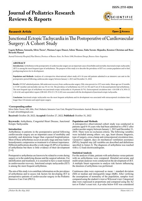 Pdf Junctional Ectopic Tachycardia In The Postoperative Of