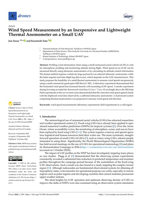 Pdf Wind Speed Measurement By An Inexpensive And Lightweight Thermal Anemometer On A Small Uav