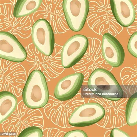 손으로 그린 아보카도 조각과 몬스테라 잎과 함께 완벽 한 패턴은 베이지 색 배경에 있습니다 직물 부엌 장식 벽지를 위한 디자인 0명에 대한 스톡 벡터 아트 및 기타 이미지