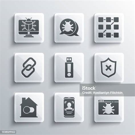 모바일 및 얼굴 인식 시스템 버그 크로스 마크와 방패 Usb 플래시 드라이브 스마트 홈 체인 링크 모니터 및 그래픽 암호 보호 아이콘을 설정합니다 벡터 Usb 케이블에 대한