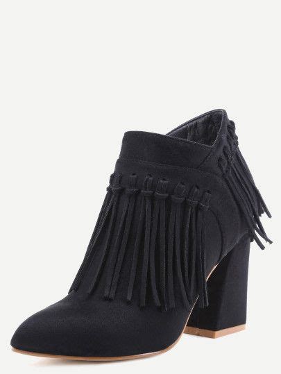 Black Faux Suede Tassel Fringe Chunky Heel Ankle Boots Suede Tassel Chunky Heel Ankle Boots