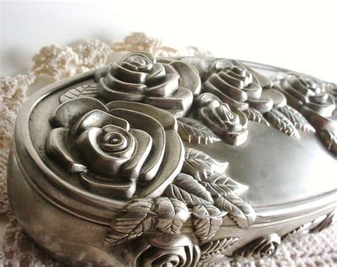 Godinger Rose Jewelry Box Silver Plated Oval Shaped Red Velvet