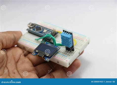 Dht11 Or Temperature And Humidity Sensor With Oled Display Circuit On A Breadboard Run By Some