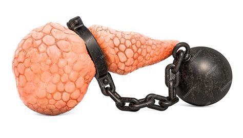 췌장 질환 췌장 통증 개념 족쇄 3d 렌더링이 있는 인간 췌장 프리미엄 사진