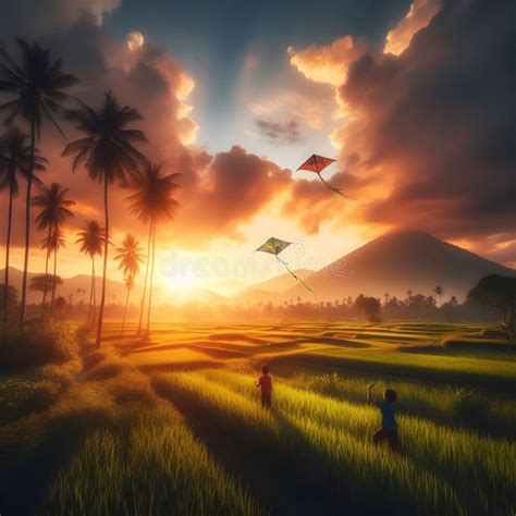 изображение деревенских детей летающих на воздушном змее вокруг своего поля риса Иллюстрация