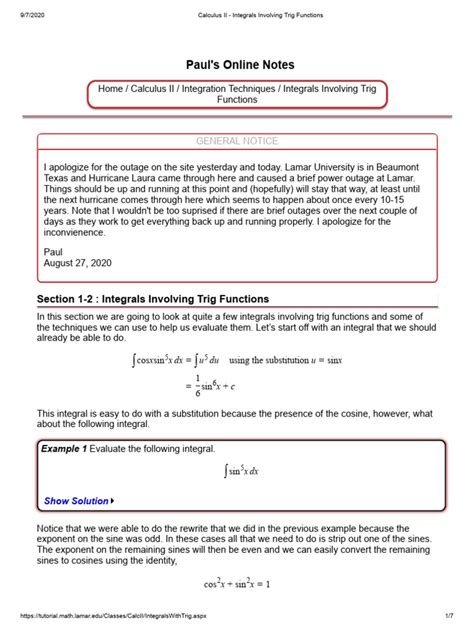 Week 012 Calculus Ii Integrals Involving Trig Functions Pdf Trigonometric Functions Integral