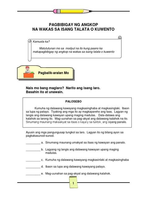 Pagbibigay Wakas Sa Kwento Worksheet Filipino 5 Nakapagbibigay Ng
