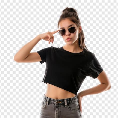 Young Woman Wearing Sunglass Pointing To The Side Front View Full
