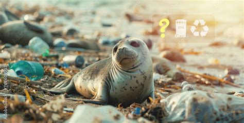 Curious Common Seal Is Lying On Beach Surrounded By Plastic Pollution