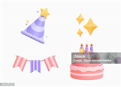 3d 생일 축하 아이콘 세트입니다 파티 깜짝 장식 카니발 화환 2단 케이크 생일 모자 반짝이는 이모티콘 흰색 배경에 격리된 만화 크리에이 티브 디자인 아이콘 3d 렌더링