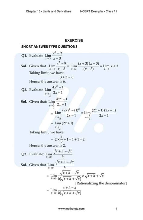 Ncert Exemplar Solutions For Class 11 Maths Chapter 13 Limits And Derivatives