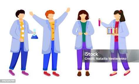실험실에서 과학 학생들은 평면 벡터 그림을 코트 의학 화학을 공부 실험 수행 테스트 튜브와 어린이 흰색 배경에 실험실 플라스크