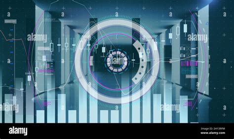 Digital Image Of Statistical Data Processing Over Round Scanner Against Empty Server Room Stock