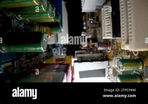 Computer Motherboard Microcircuit With Chips Ram Slots Induction Coils And Capacitors Camera