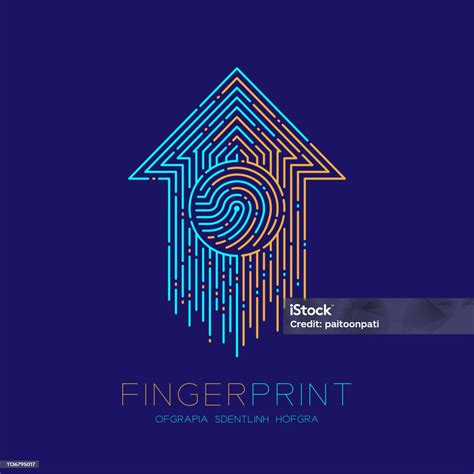 위쪽 화살표 서명 지문 스캔 패턴 로고 대시 라인 디지털 업로드 개념 편집 가능한 스트로크 일러스트 오렌지와 지문 텍스트와 공간 어두운 파란색 배경에 고립 된 파란색 벡터