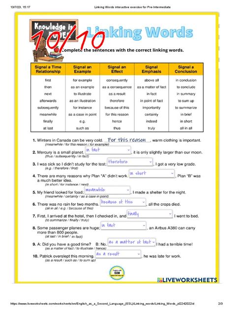 Linking Words Interactive Exercise For Pre Intermediate Pdf