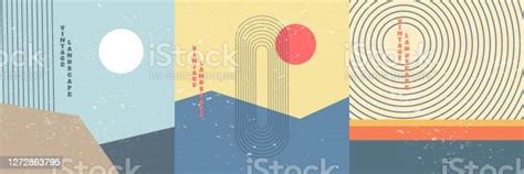 벡터 그림입니다 중반 세기 현대 그래픽 70 년대 복고풍 펑키 그래픽 그런지 텍스처 미니멀 한 풍경 세트 추상 적인 모양입니다 소셜 미디어 블로그 게시물 배너 카드 용