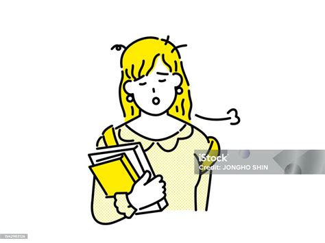 노란 머리 여학생 대학생 고등학생 책을 들고 피곤해 보이는 모습 가방에 대한 스톡 벡터 아트 및 기타 이미지 가방 귀여운 노랑 Istock