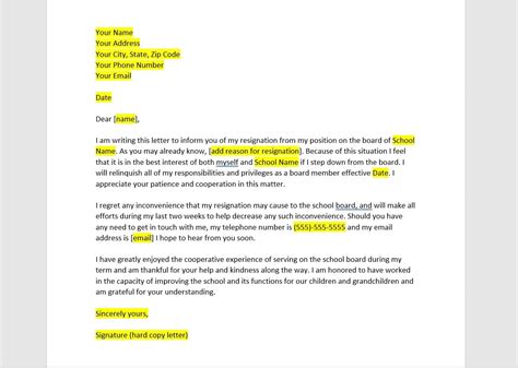 Resignation Letter School Reason