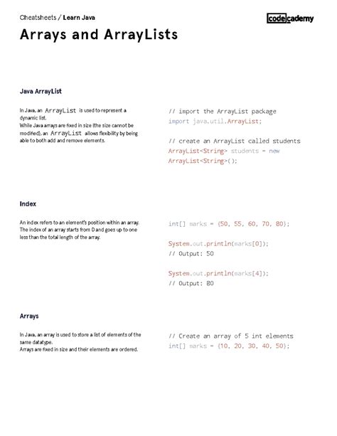 Learn Java Arrays And Array Lists Cheatsheet Codecademy In Java An
