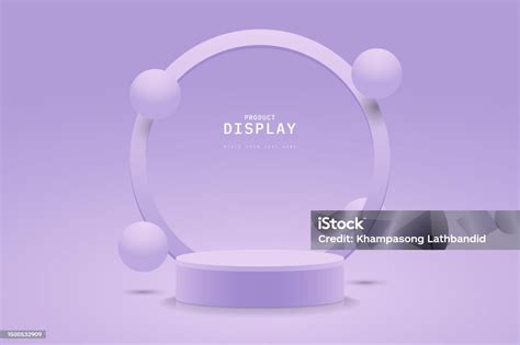 보라색 3d 실린더 연단 받침대는 원형 링 모양과 구체 공이 떠 있고 튀는 현실적이거나 제품 디스플레이 스탠드입니다 추상 3d 벡터 기하학적 형태 디자인 모형을 위한