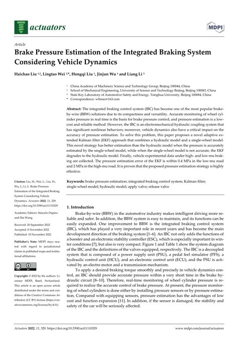 Pdf Brake Pressure Estimation Of The Integrated Braking System Considering Vehicle Dynamics