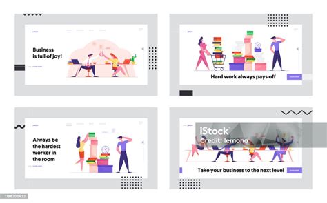 사무실 웹 사이트 방문 페이지 세트의 팀워크 협력 및 마감 상황 종이 문서로 작업하는 사업가 하이파이브 웹 페이지 배너를 제공하는 파트너 만화 플랫 벡터 일러스트 금융에