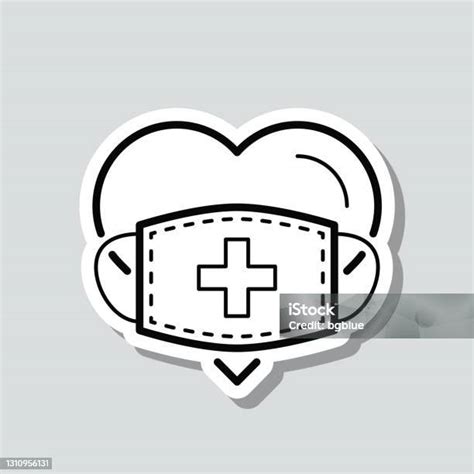 의료 용 얼굴 보호 마스크와 심장 회색 배경에 아이콘 스티커 3차원 형태에 대한 스톡 벡터 아트 및 기타 이미지 3차원 형태